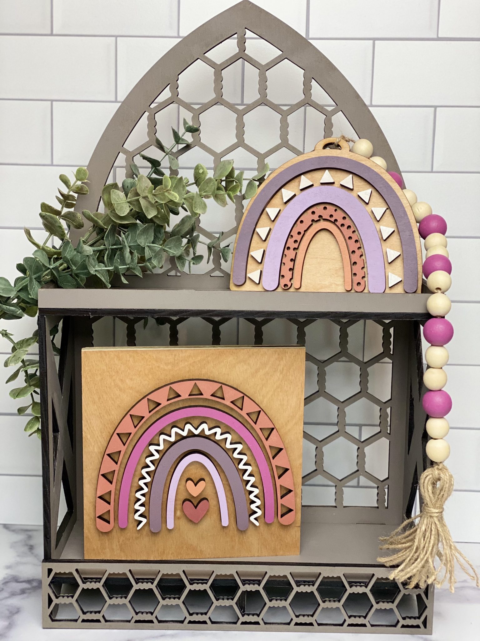 Freestanding Boho Rainbow Wooden Sign - Life. Family. Joy